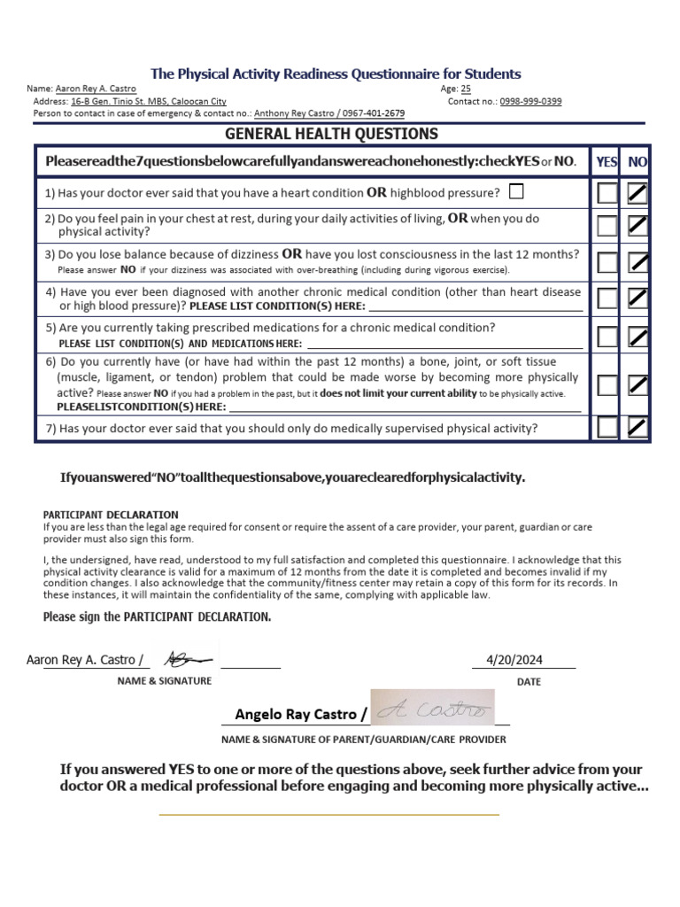 General Health Questions: The Physical Activity Readiness Questionnaire ...