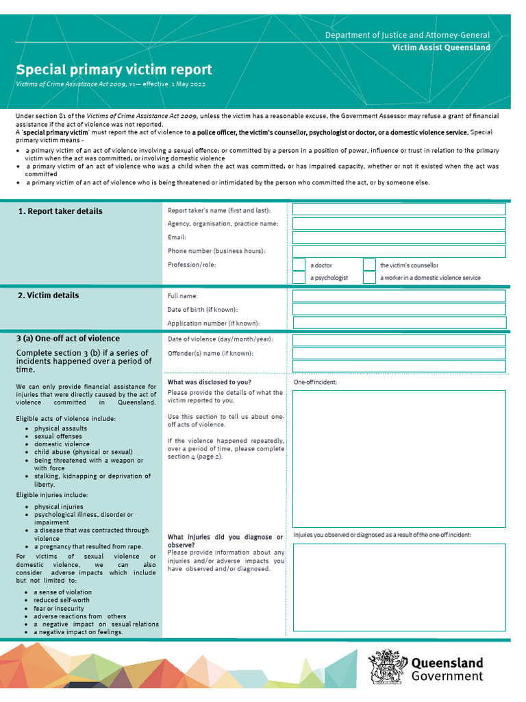 Victim Assist Special Primary Victim Report Form | PDF | Violence ...