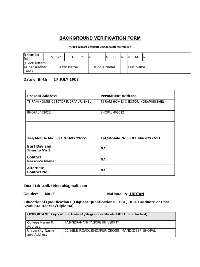 Background Verification Form - CallBA V1.2 | PDF | Identity Document ...