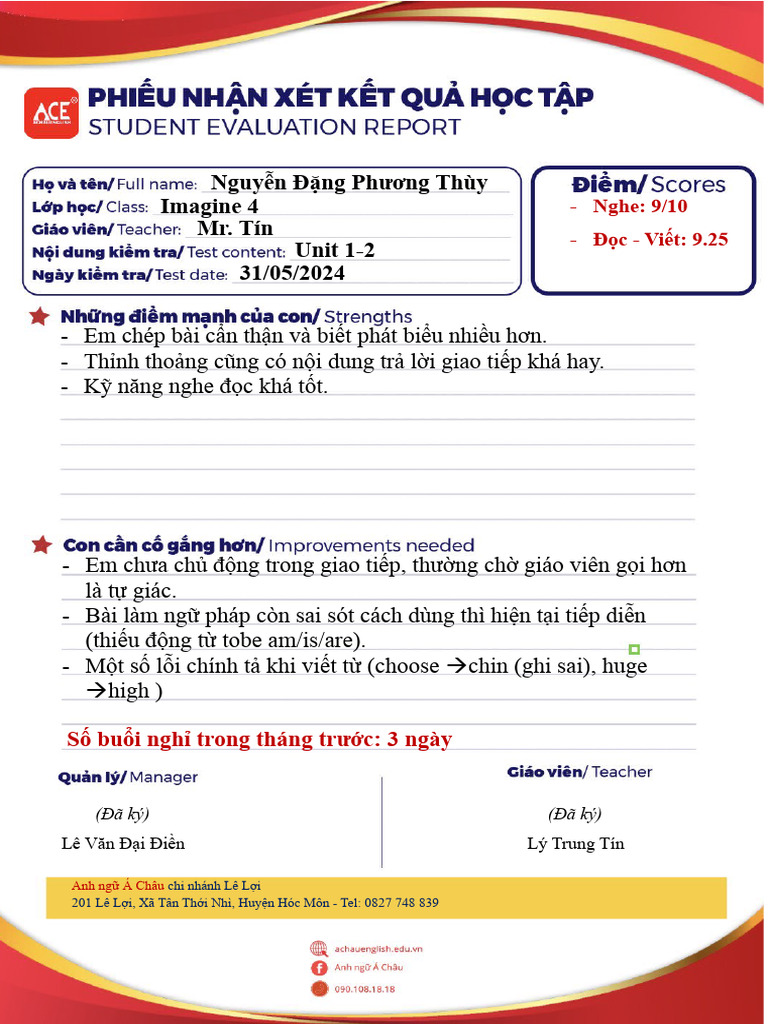 Phiếu nhận xét Unit test - Imagine 4 - Unit 1-2 | PDF