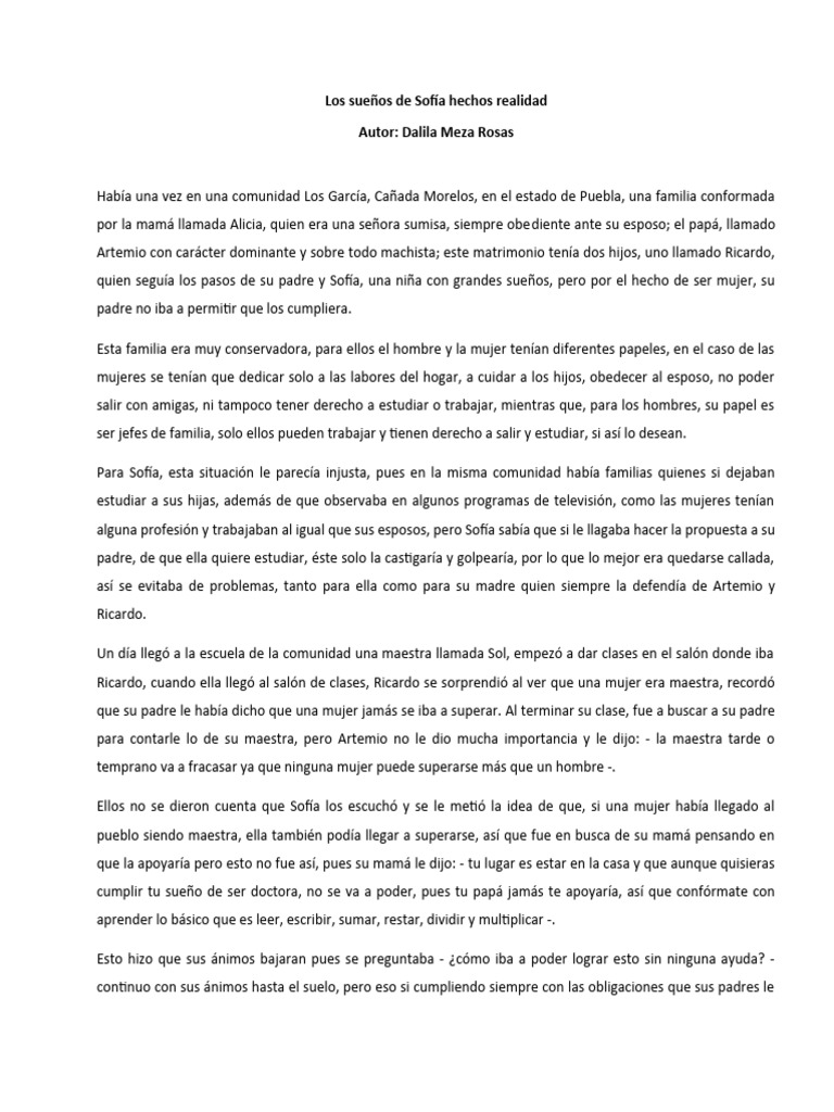 cuento Los sueños de Sofía hechos realidad | PDF | Familia | Mujer