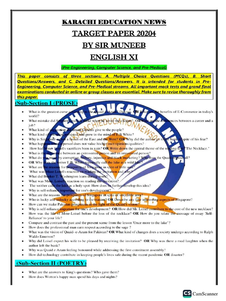 First year English Target paper 2024 By Sir Muneeb | PDF