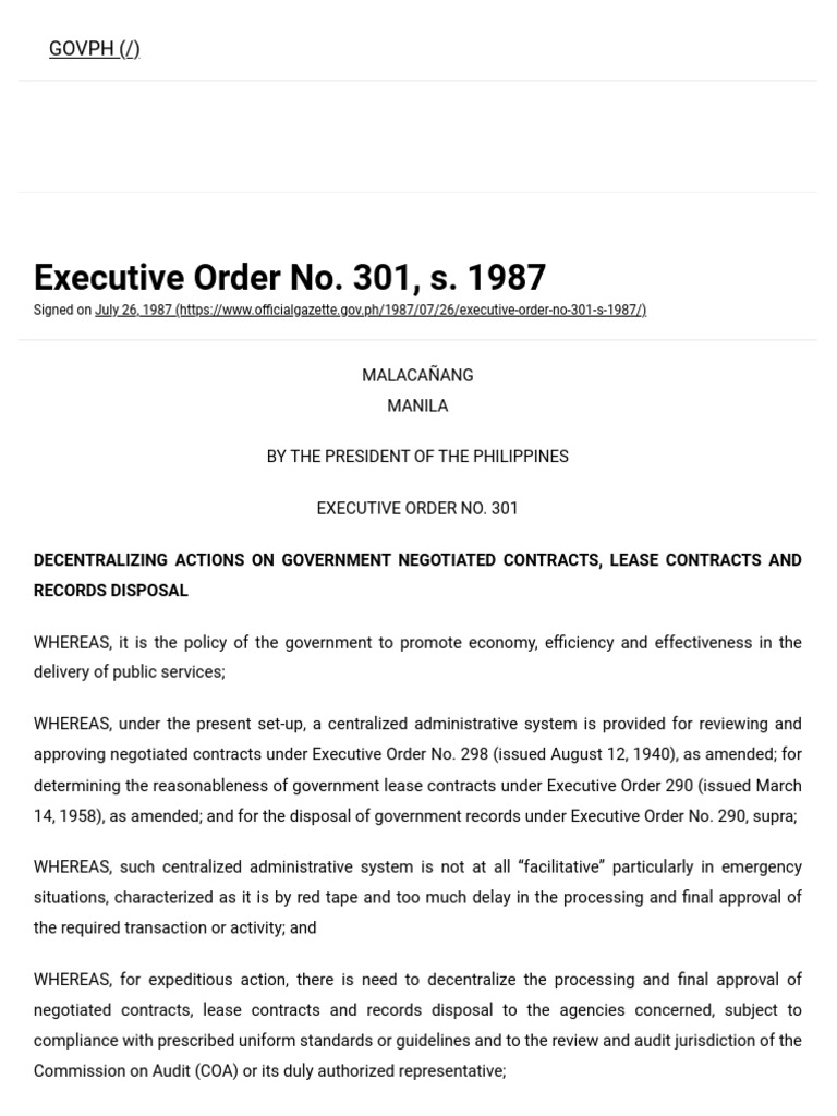 Executive Order No. 301, s. 1987 _ Official Gazette of the Republic of ...