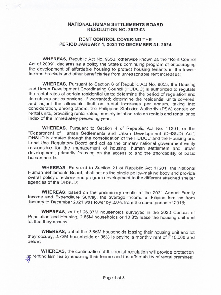 NHSB Resolution 2023-03 (Rent Control) | PDF