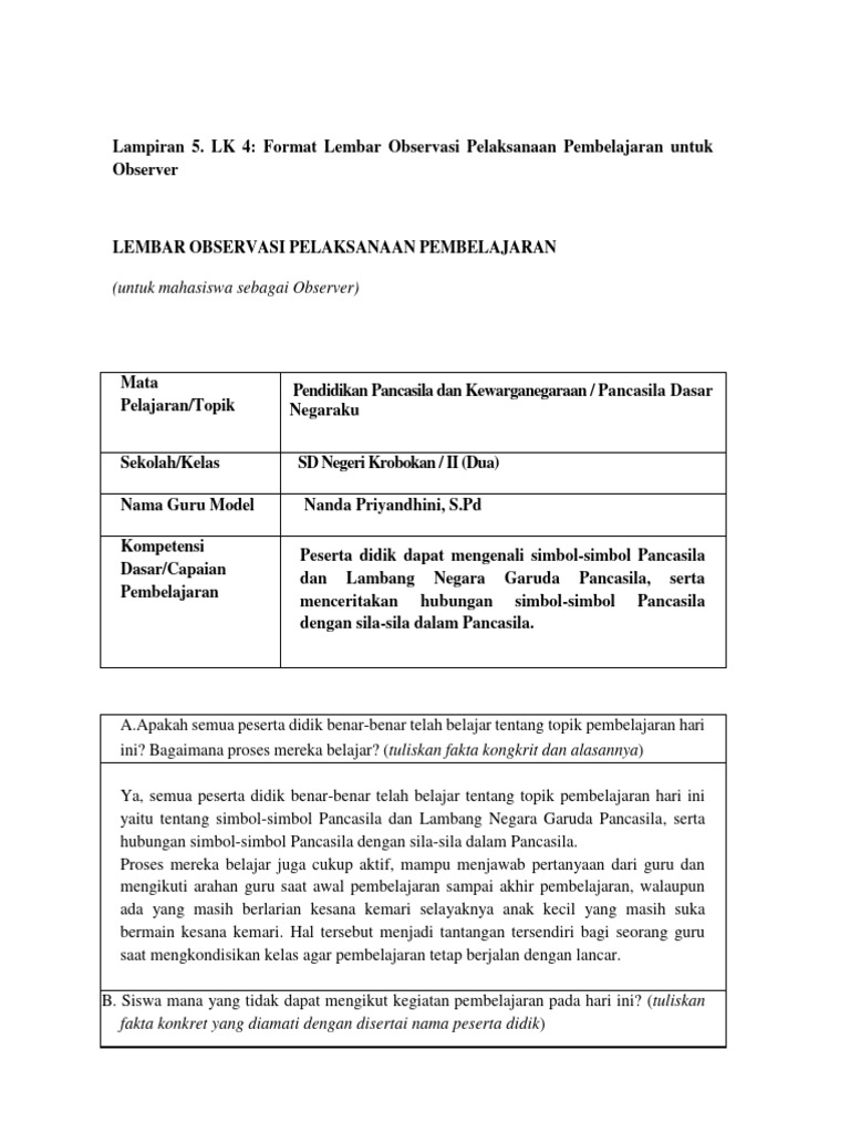 Siklus 2_Lampiran 5. LK 4 Format Lembar Observasi Pelaksanaan Pembelajaran Untuk Observer | PDF