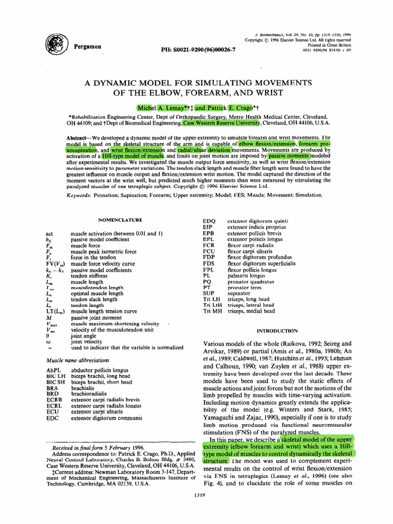 A Dynamic Model For Simulating Movements of The Elbow, Forearm, and Wrist | Download Free PDF ...