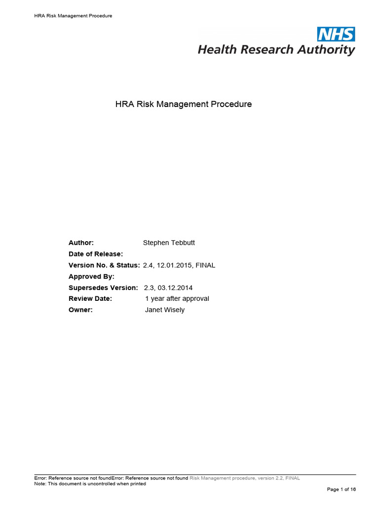 HRA Risk Management Procedure Version 2.4 FINAL 18 2 2015 | PDF | Risk ...