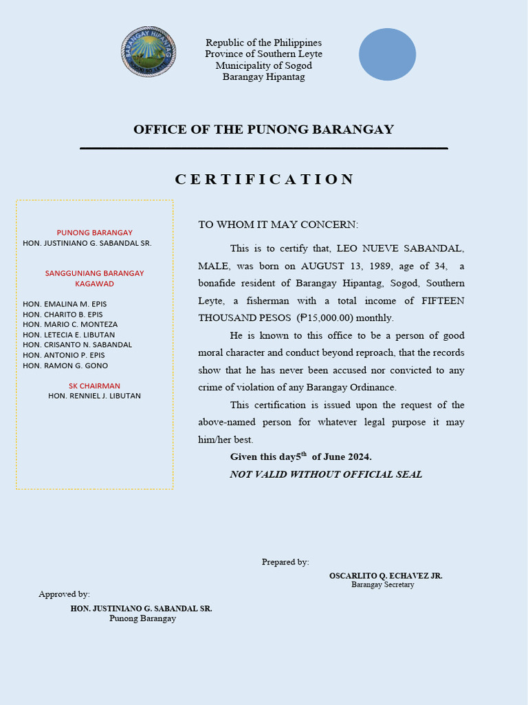 barangay certificate | PDF