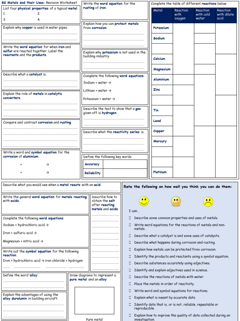Year 8 Metals and Reactions Worksheet | PDF | Chemical Reactions | Metals