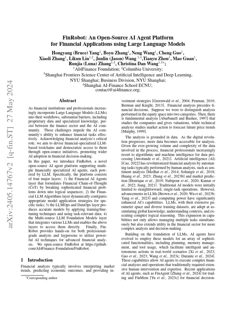 FinRobot An Open-Source AI Agent Platform For Financial Applications Using Large Language Models ...