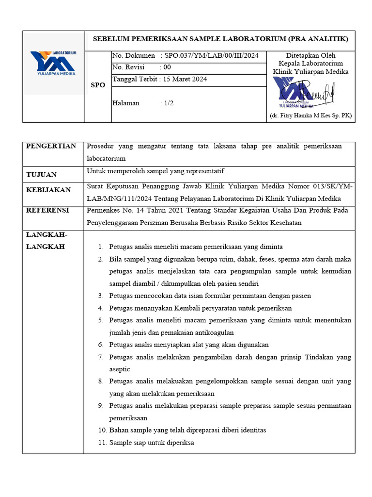 SOP SEBELUM PEMERIKSAAN SAMPLE LABORATORIUM (PRA ANALITIK) | PDF