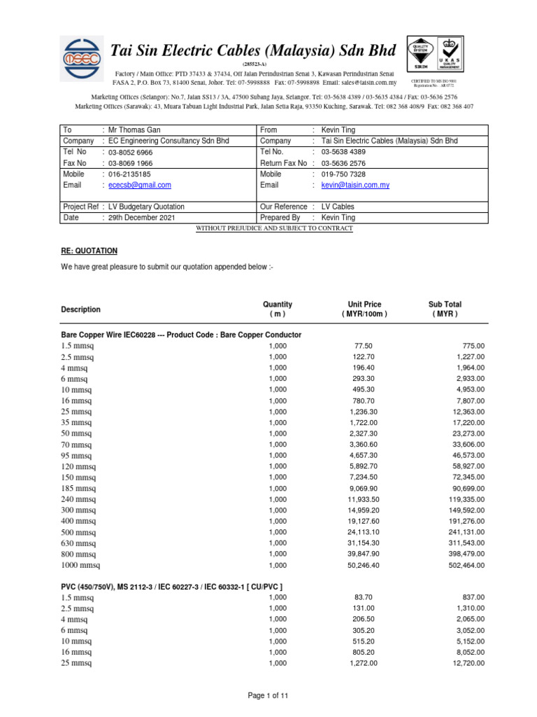 LV Cable Quotation December 2021 | PDF | Electrical Engineering | Manufactured Goods