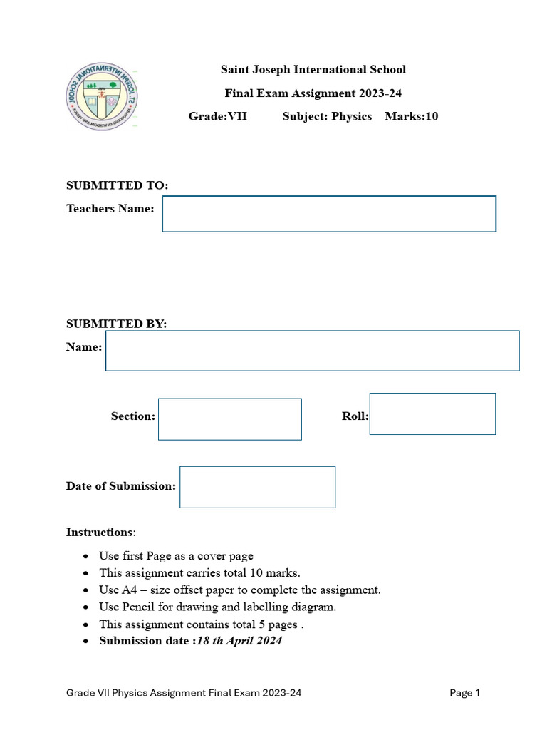 'Grade7 Physics Assignment Final Exam 2023-24' With You | PDF | Force | Mass