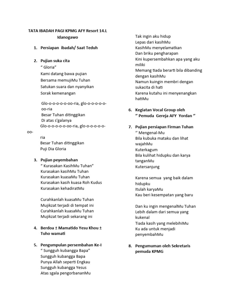 Tata Ibadah Pagi KPMG AFY Resort | PDF | Memasak, Makanan, & Anggur ...