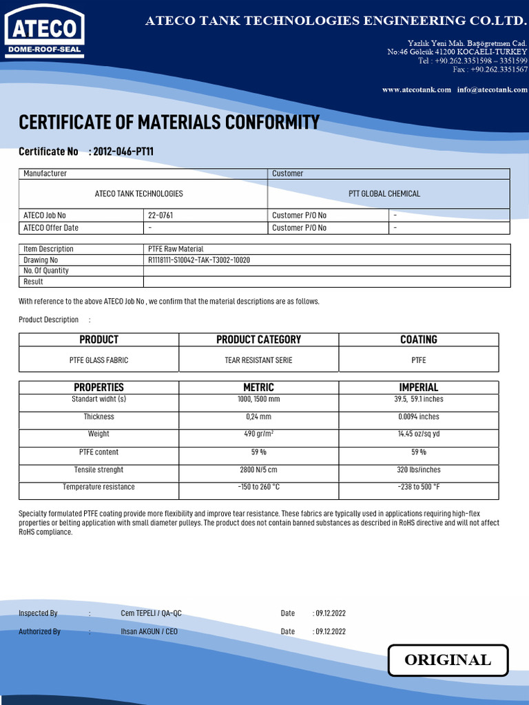 Ptfe Primary Fabric Ateco Certificate of Material Conformity | PDF | Secondary Sector Of The ...