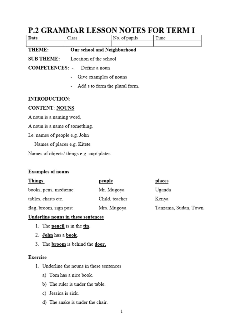 P.2 Grammar, Composition & Comprehension Term I | PDF | Plural | Verb