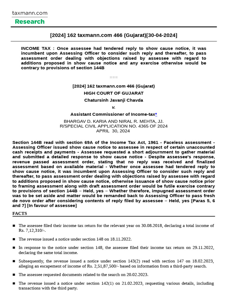 2024 05 16 2024 162 Taxmann Com 466 Gujarat 30 04 2024 Chatursinh Javanji Chavda Vs Assistant Co ...