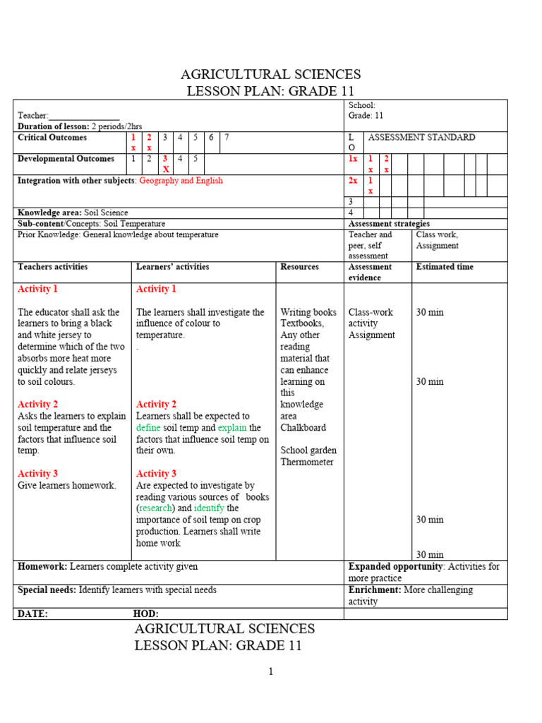 Grade 11 Agricultural Science Lesson Plan | PDF | Educational ...