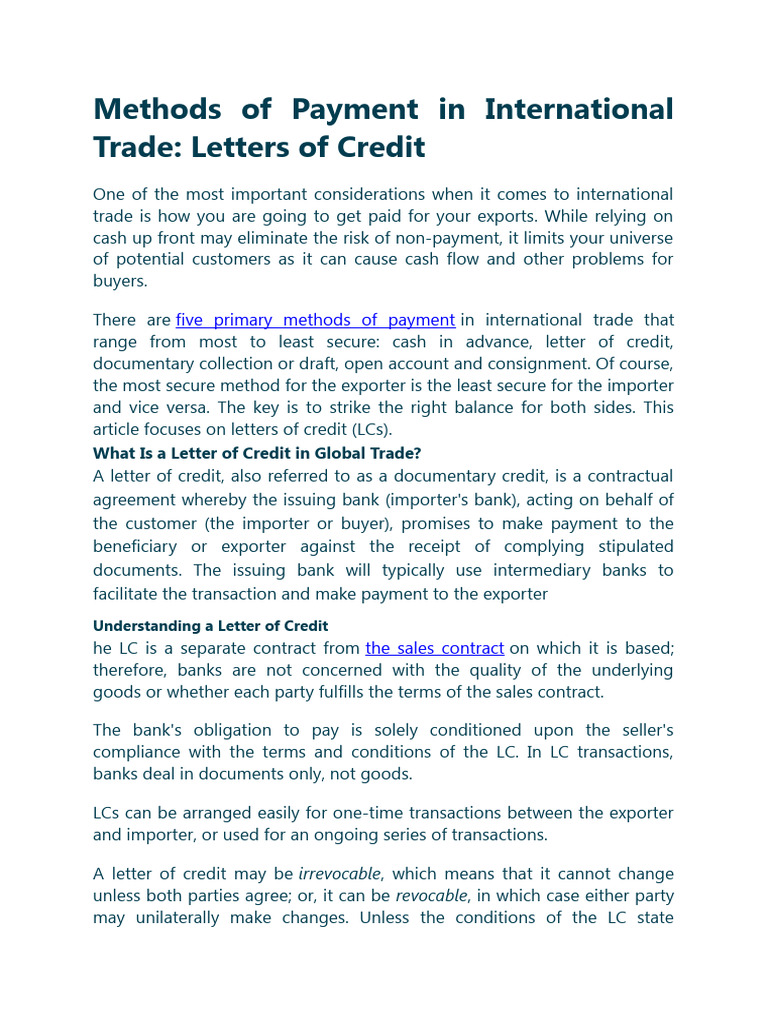 Methods of Payment in International Trade | PDF | Letter Of Credit | Service Industries