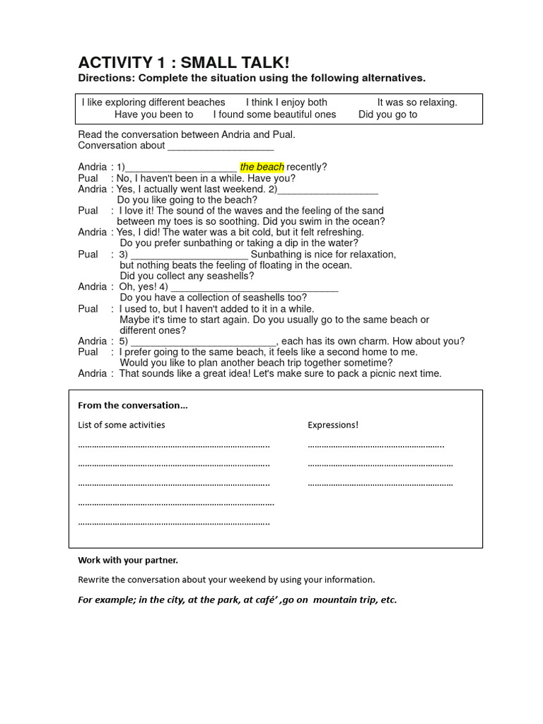 Small Talk Beach Conversation Activity | PDF
