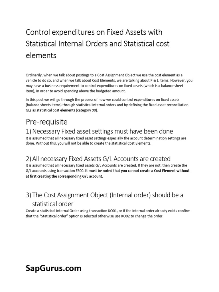 Control Expenditures On Fixed Assets With Statistical Internal Orders and Statistical Cost ...
