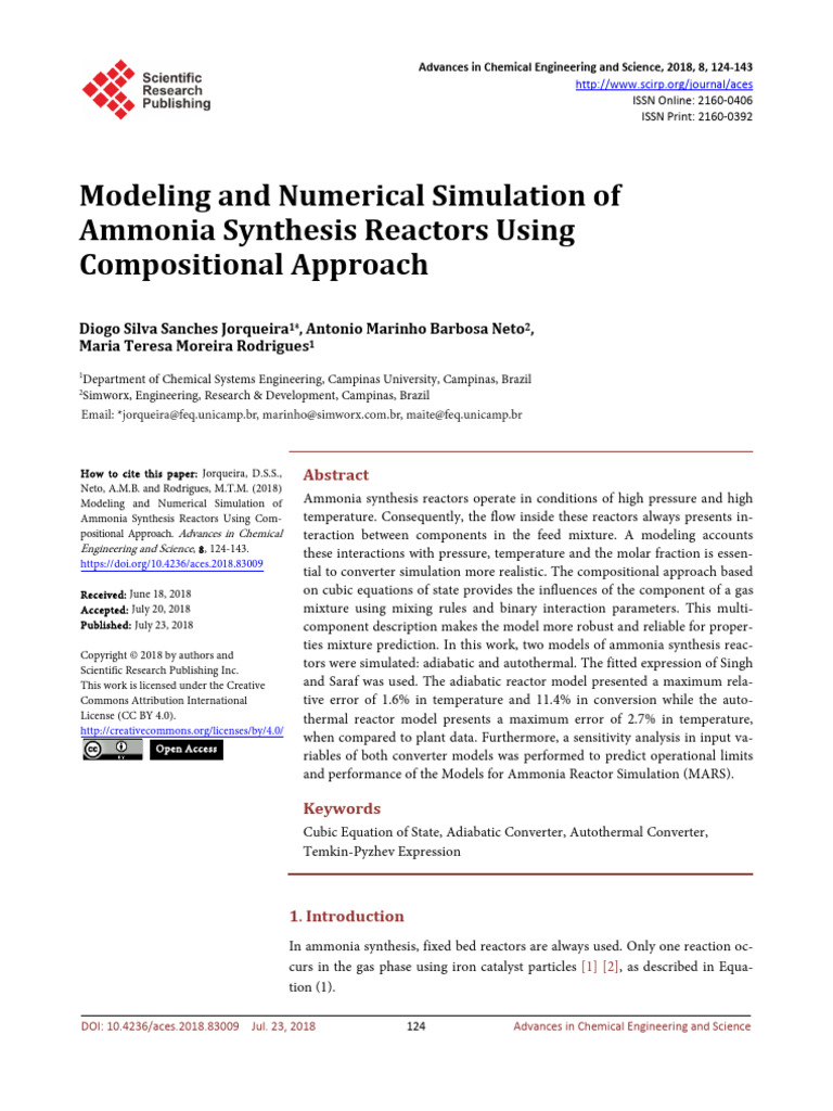 Modeling and Numerical Simulation of Ammonia Synth | PDF | Chemical Reactor | Gases
