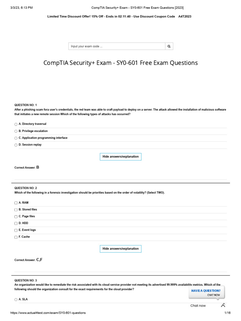 CompTIA Security+ Exam - SY0-601 Free Exam Questions (2023) | PDF ...
