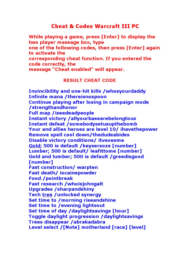 Warcraft III Cheat Codes | PDF