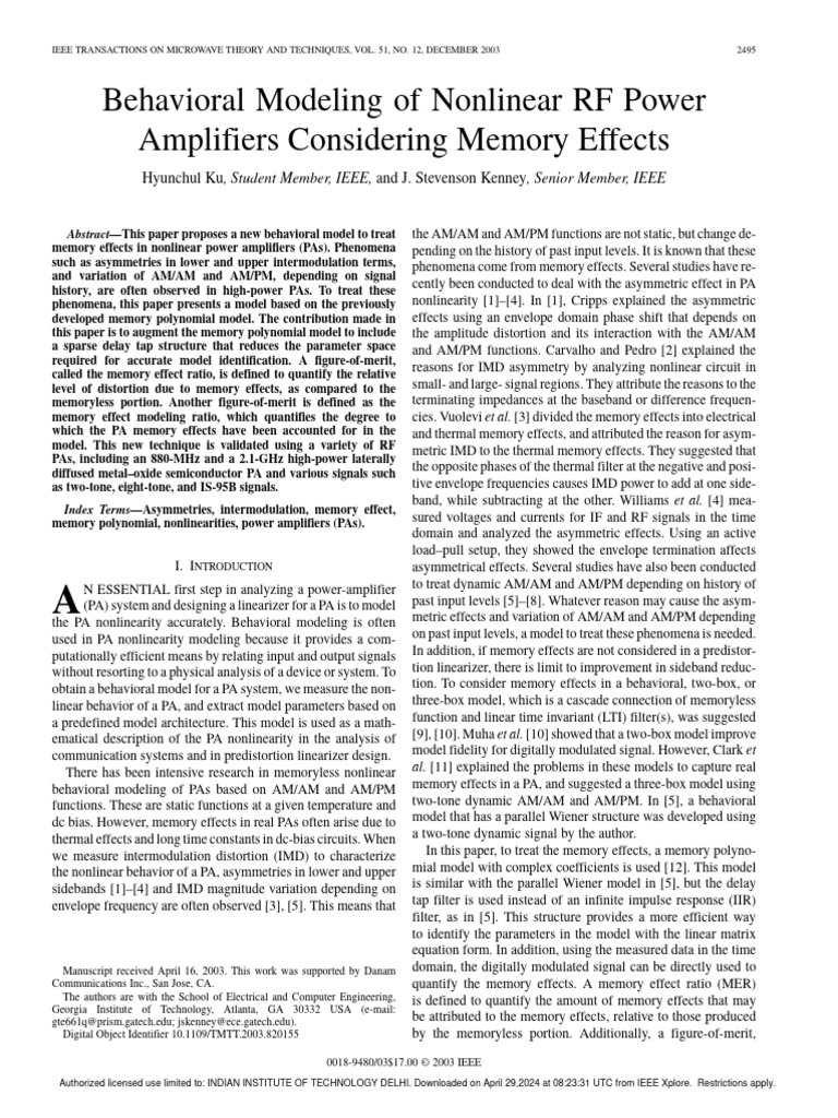 Behavioral Modeling of Nonlinear RF Power Amplifiers Considering Memory Effects | PDF ...