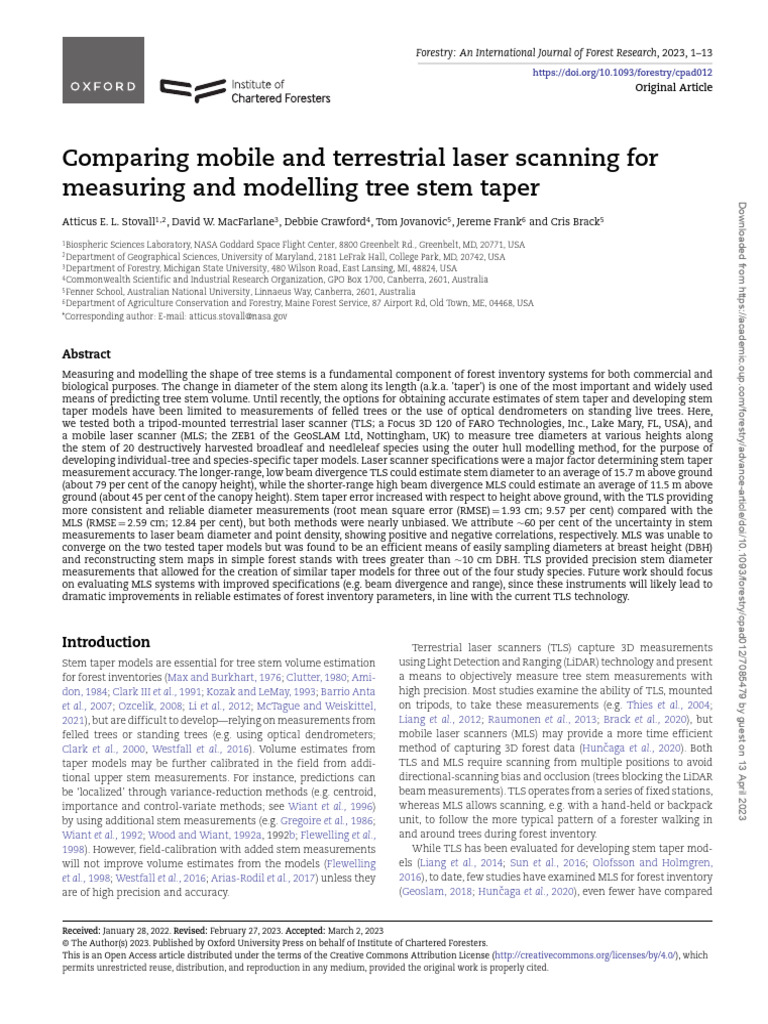 Laser Scanning for Tree Stem Taper Analysis | PDF | Lidar | Errors And ...