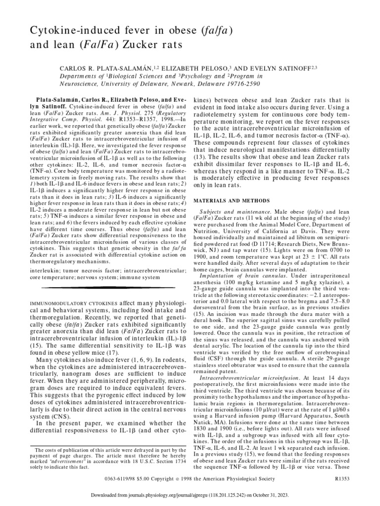 Cytokine Induced Fever in Obese (Fa-Fa) and Lean (Fa-Fa) Zucker Rats ...