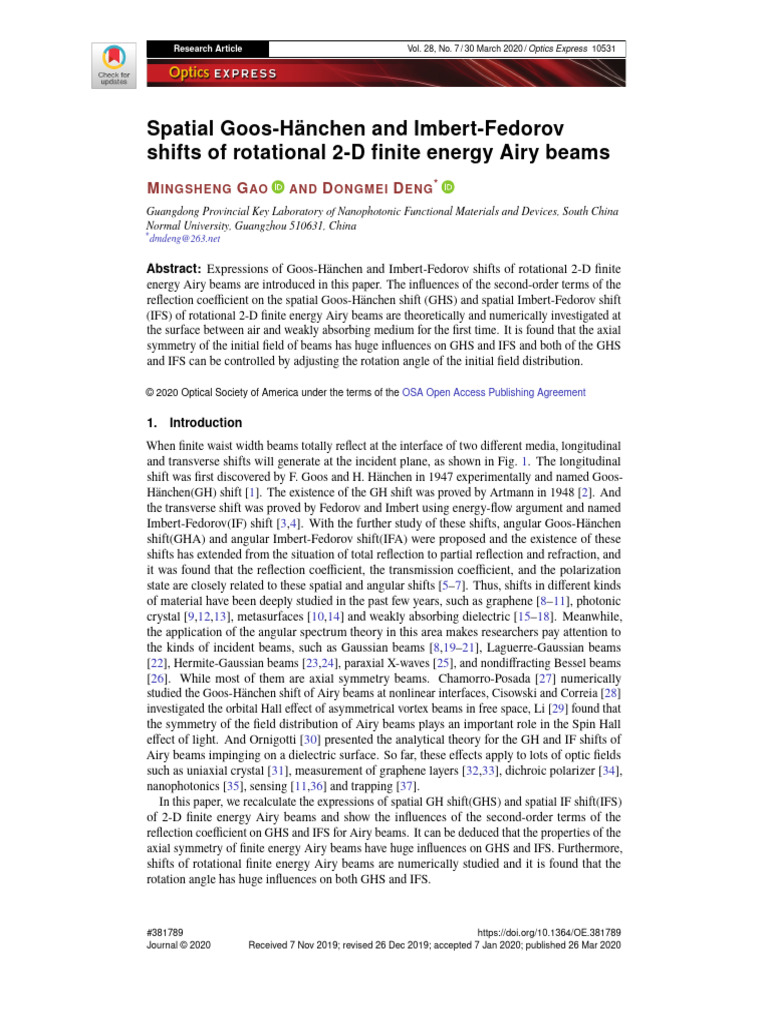 Dongmei Deng 2020, Spatial Goos Hänchen and Imbert Fedorov Shifts | PDF | Optics | Reflection ...