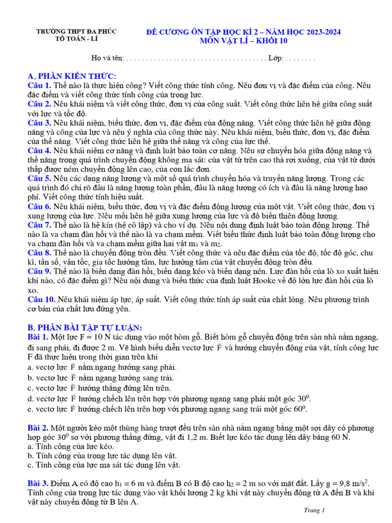 Vatli 10 de Cuong Hoc Ki 2 | PDF