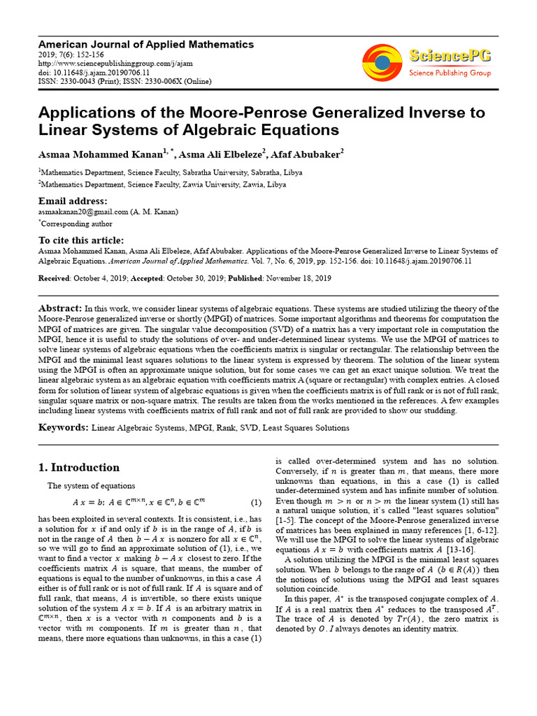 2 Applications Of The Moore Penrose Generalized Inverse Pdf System Of Linear Equations