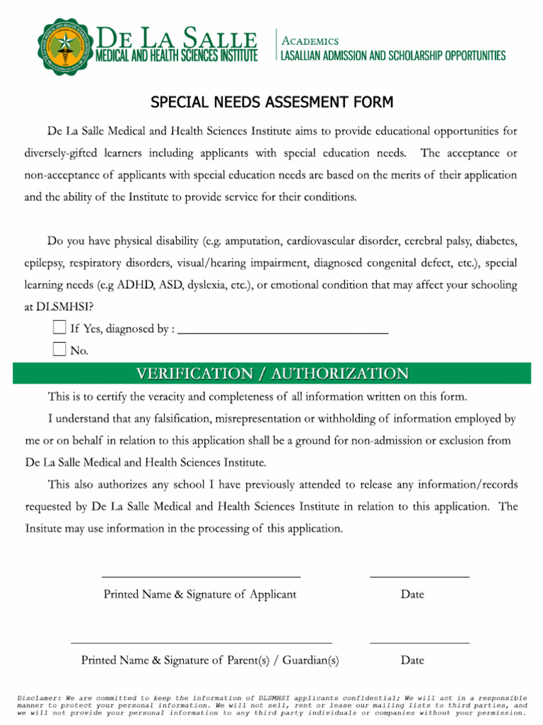 LASO FORM A19014 Special Needs Assessment Form | PDF