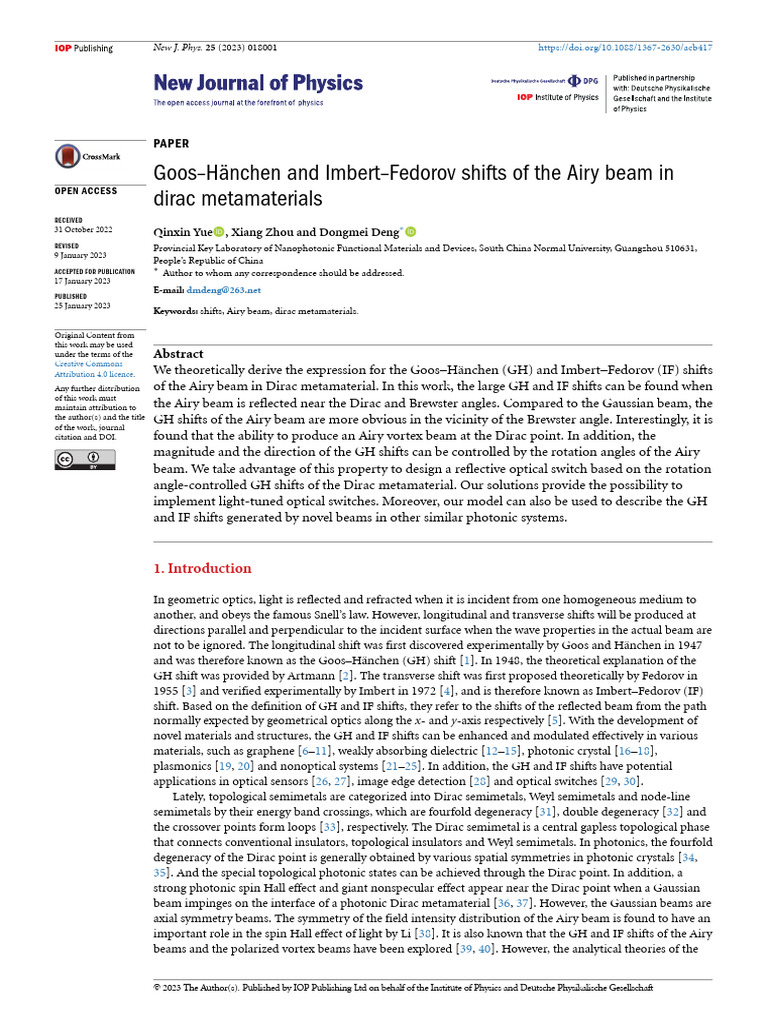 Dongmei Deng 2023, Goos Hänchen and Imbert Fedorov Shifts of The | PDF | Optics | Metamaterial