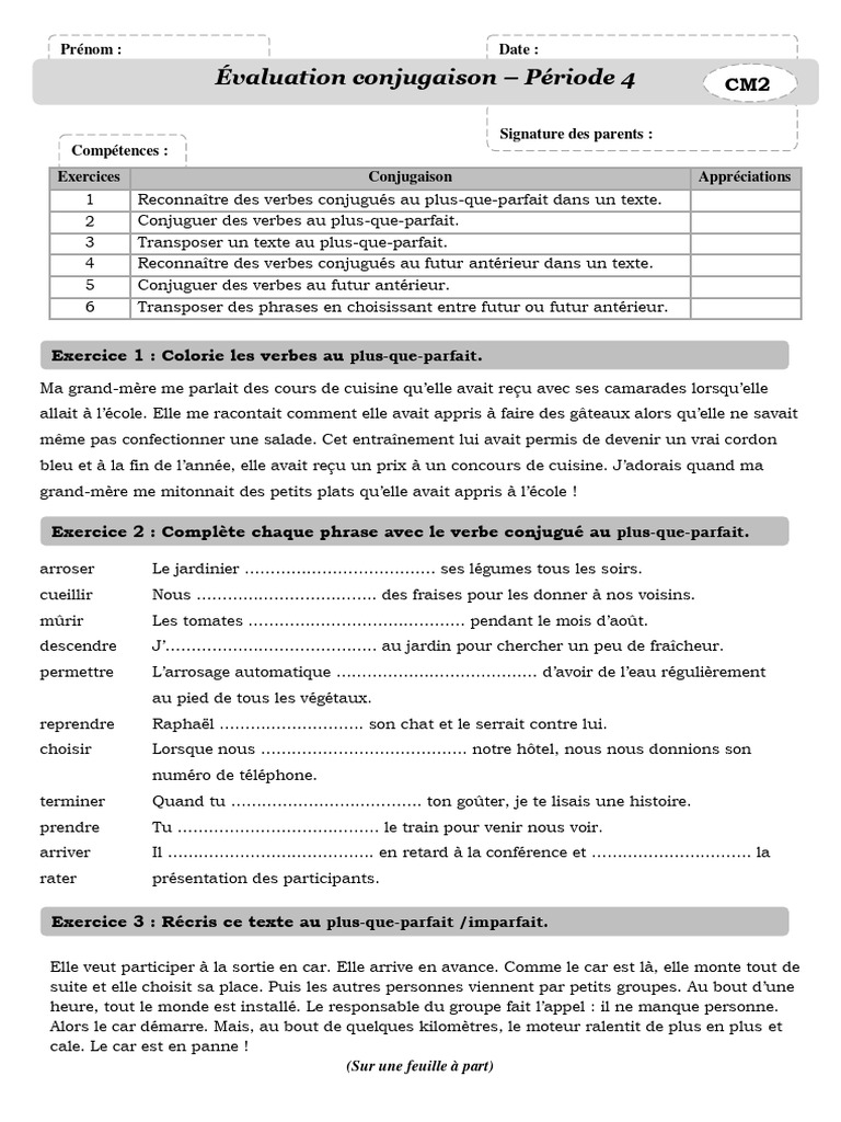 Eval cm2 Plus Que Parfait Futur Anterieur 2012 | PDF | Arts du langage ...