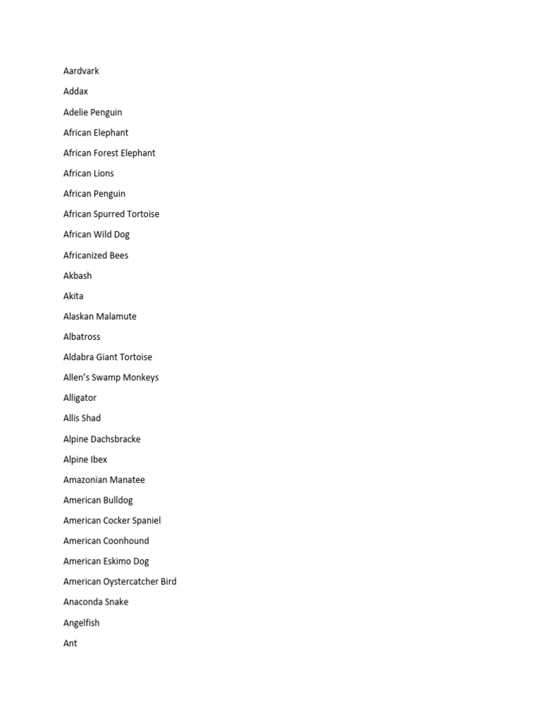 Animals Names List From A To Z | PDF | Zoology