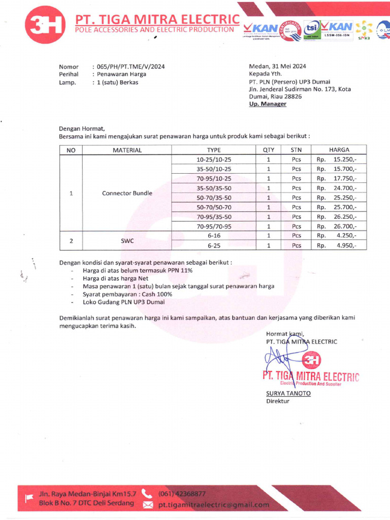 Penawaran Harga Konektor Dan SWC UP3 Dumai | PDF