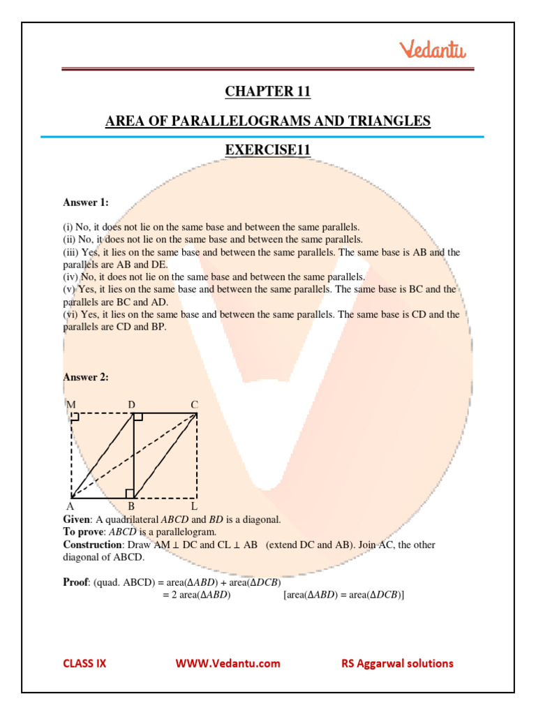 RS Aggarwal Class 9 Solutions Chapter-11 Areas of Parallelograms and Triangles | PDF | Area ...
