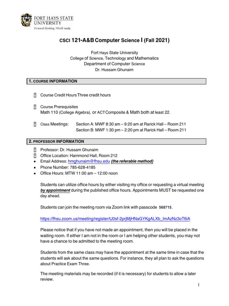 CSCI 121 A&B Syllabus Fall 2021 | PDF