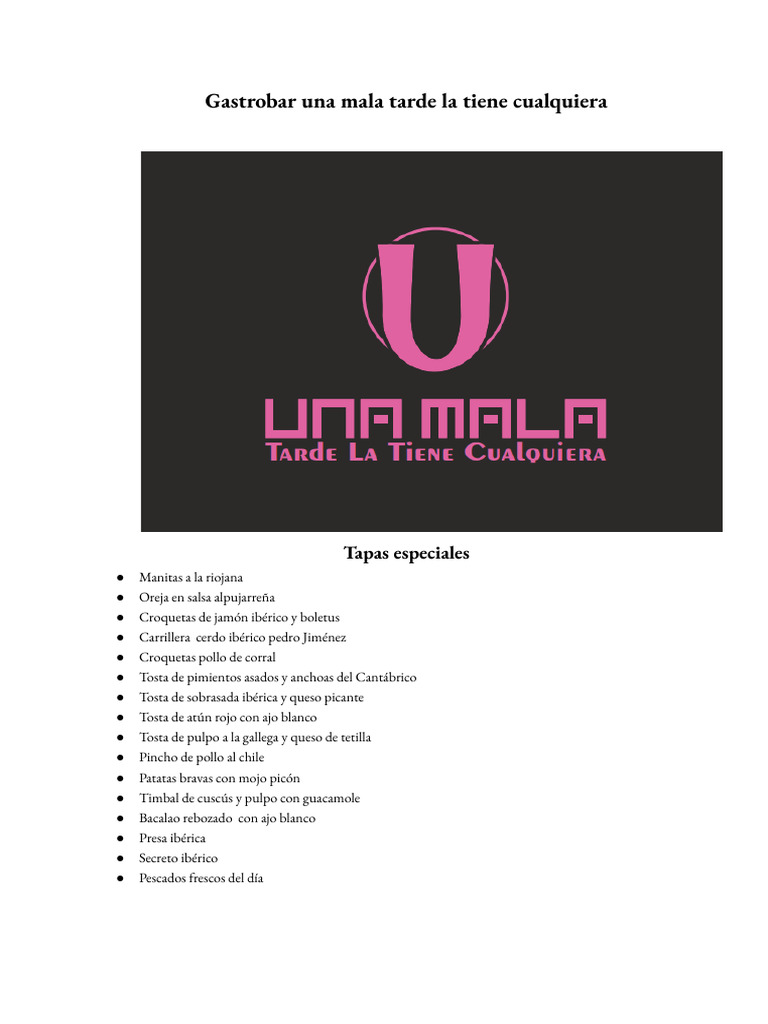 Menu Gastrobar Una Mala Tarde La Tiene Cualquiera | PDF