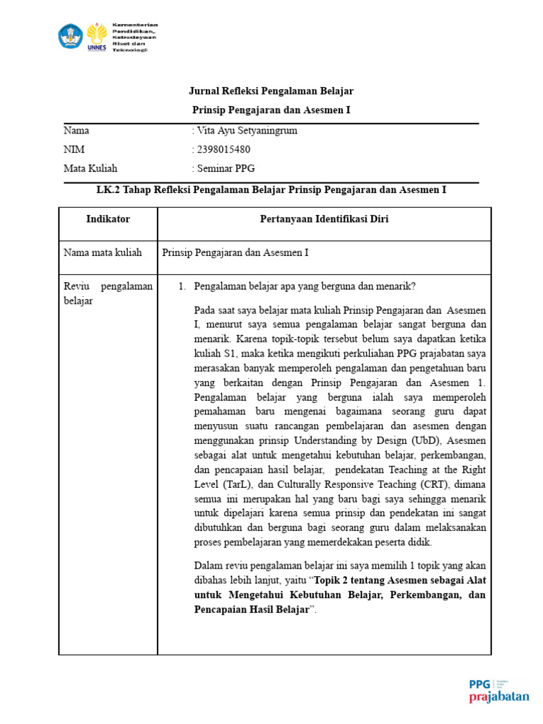 Refleksi Pengalaman Belajar - Vita Ayu Setyaningrum - Prinsip Pengajaran Dan Asesmen I | PDF
