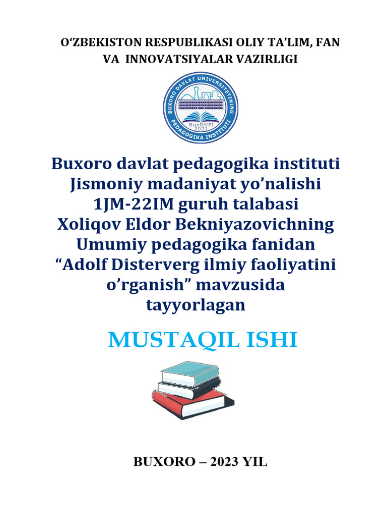 Mustaqil ishi buxoro – 2023 yil mavzu_ Adolf Disterverg ilmiy fa (1) | PDF