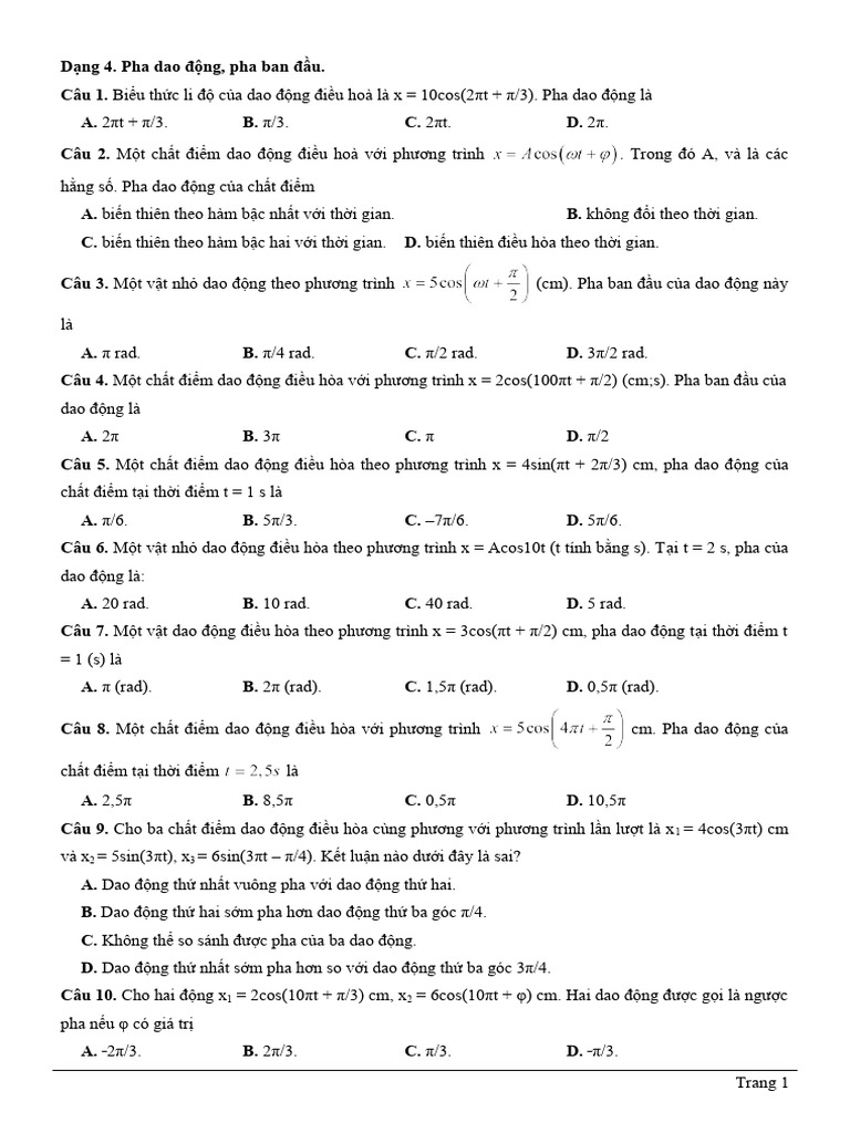 Dạng 4. Pha dao động, pha ban đầu | PDF