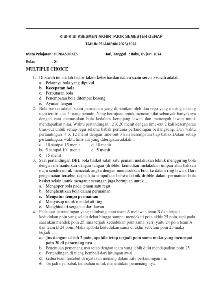 Kisi-Kisi Asesmen Akhir Pjok Kelas Xi Semester Genap 2024 | PDF