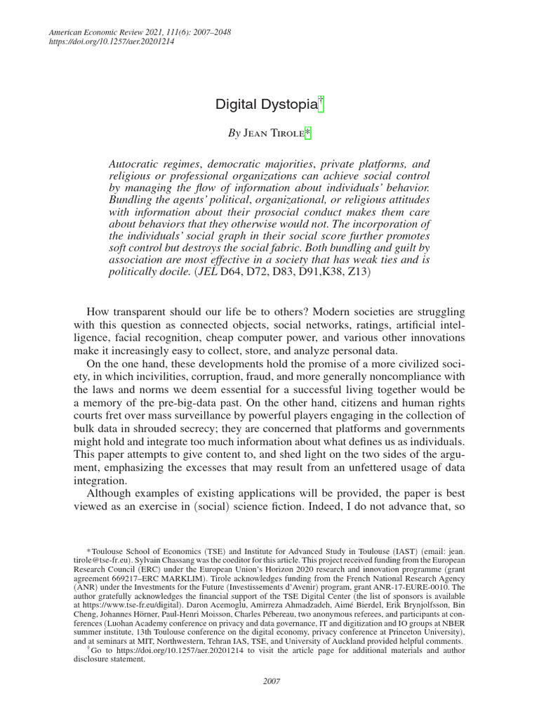 Digital dystopia_tirole | Download Free PDF | Surveillance | Reputation