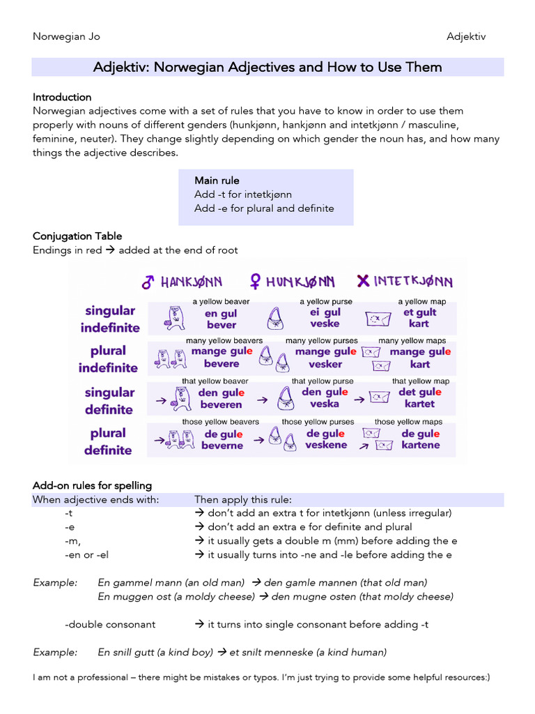 Adjectiv PDF - Norwegian Jo | PDF | Grammatical Gender | Language Mechanics