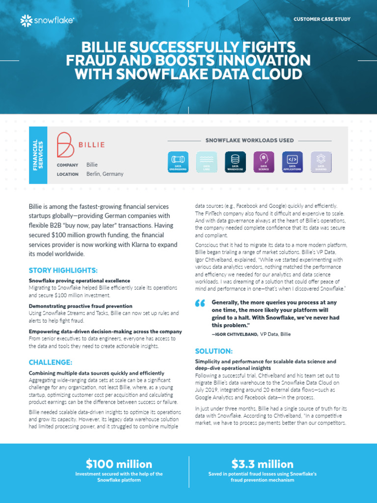 Billie Successfully Fights Fraud and Boosts Innovation With Snowflake Data Cloud | PDF | Cloud ...