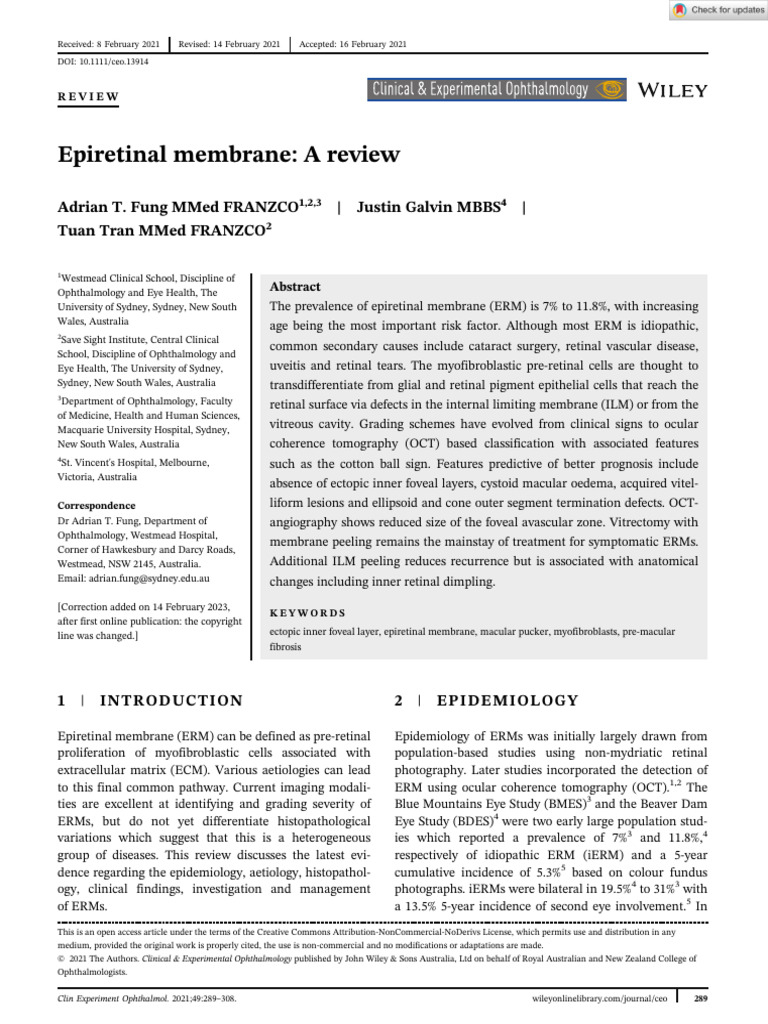 Epiretinal Membrane: A Review - Clinical Exper Ophthalmology - 2021 PDF ...